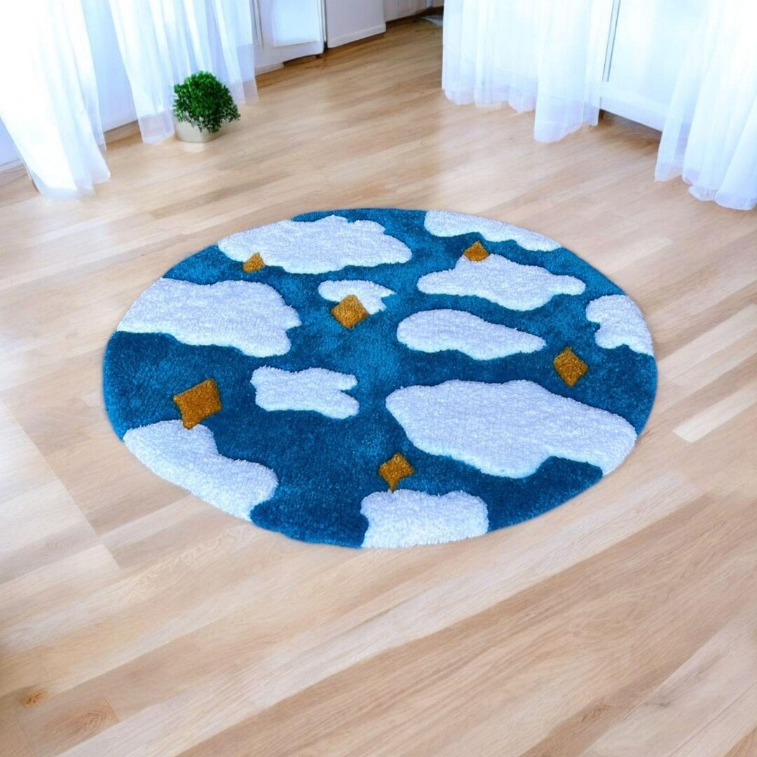 Handmade Round Cloud Tufted Rug - Modern Blue and White Aesthetic ...