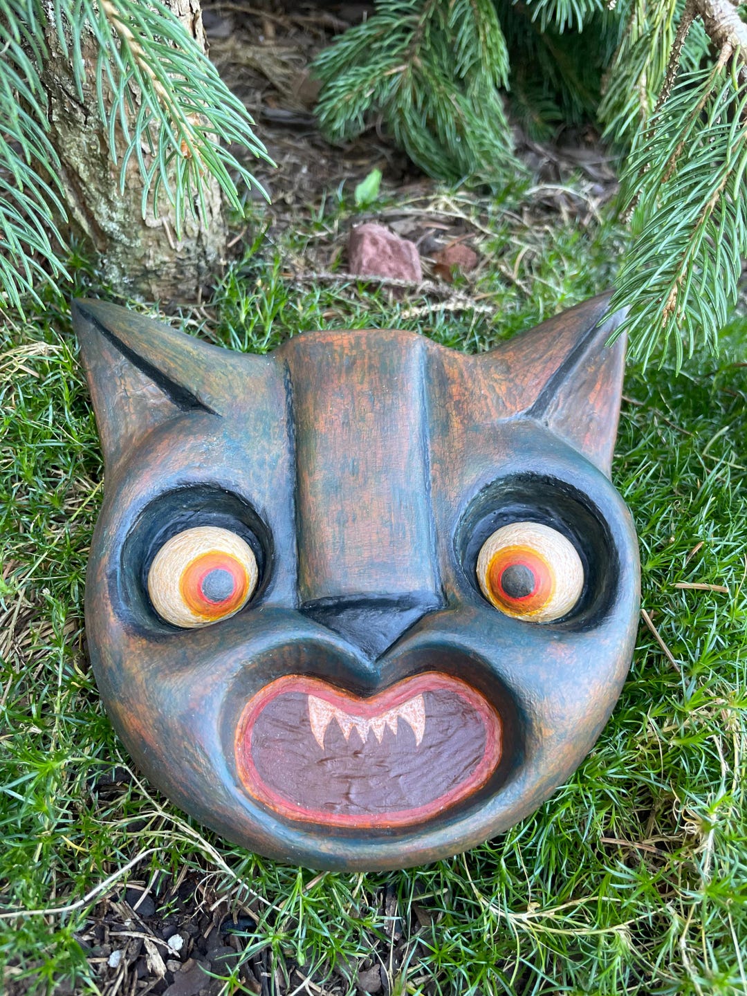 Handmade Paper Mache Scary Cat Face - Spooky Halloween Wall Hanging - Etsy