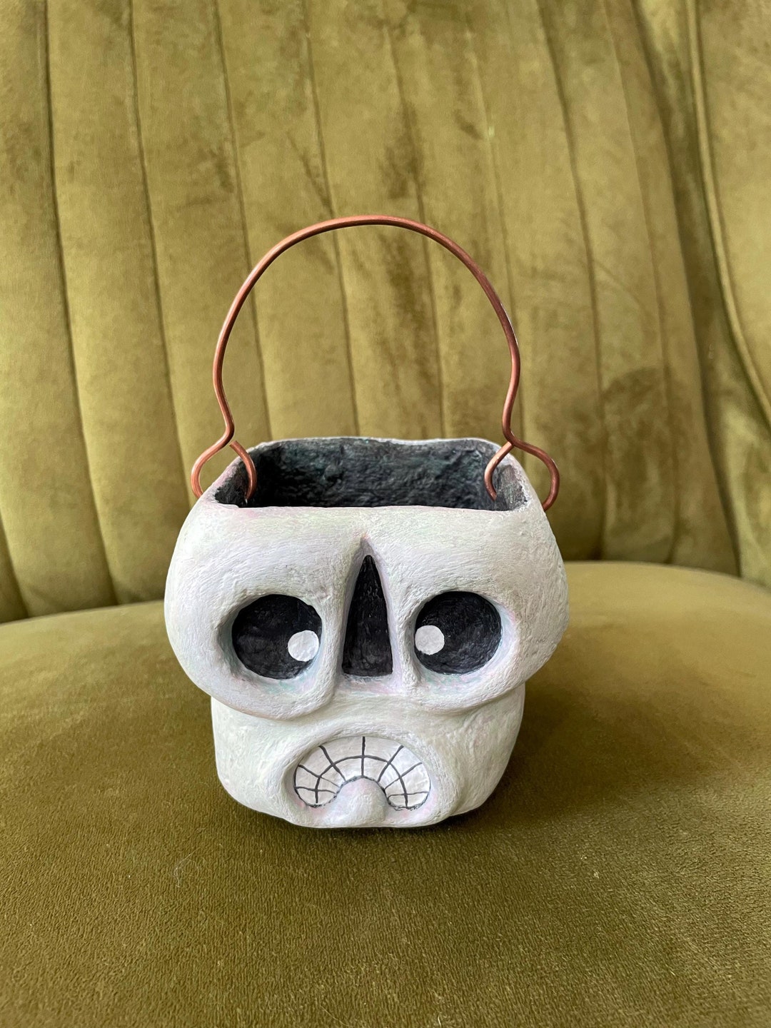 Original Art • Grumpy Skull Paper Mache Halloween Candy Bucket • Paper ...