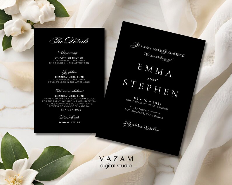 Printable Classic Black Wedding Invitation Template, Timeless Elegant ...