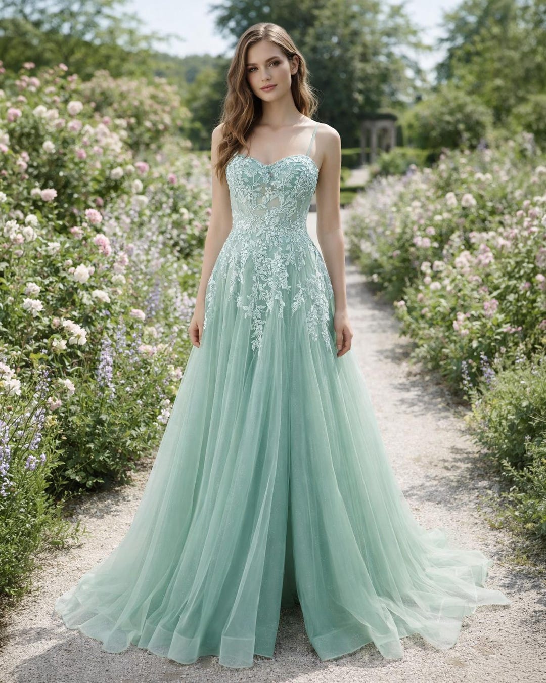Cyan Prom Dress 3D Floral Applique, Custom Made Embroidery Evening Gown ...