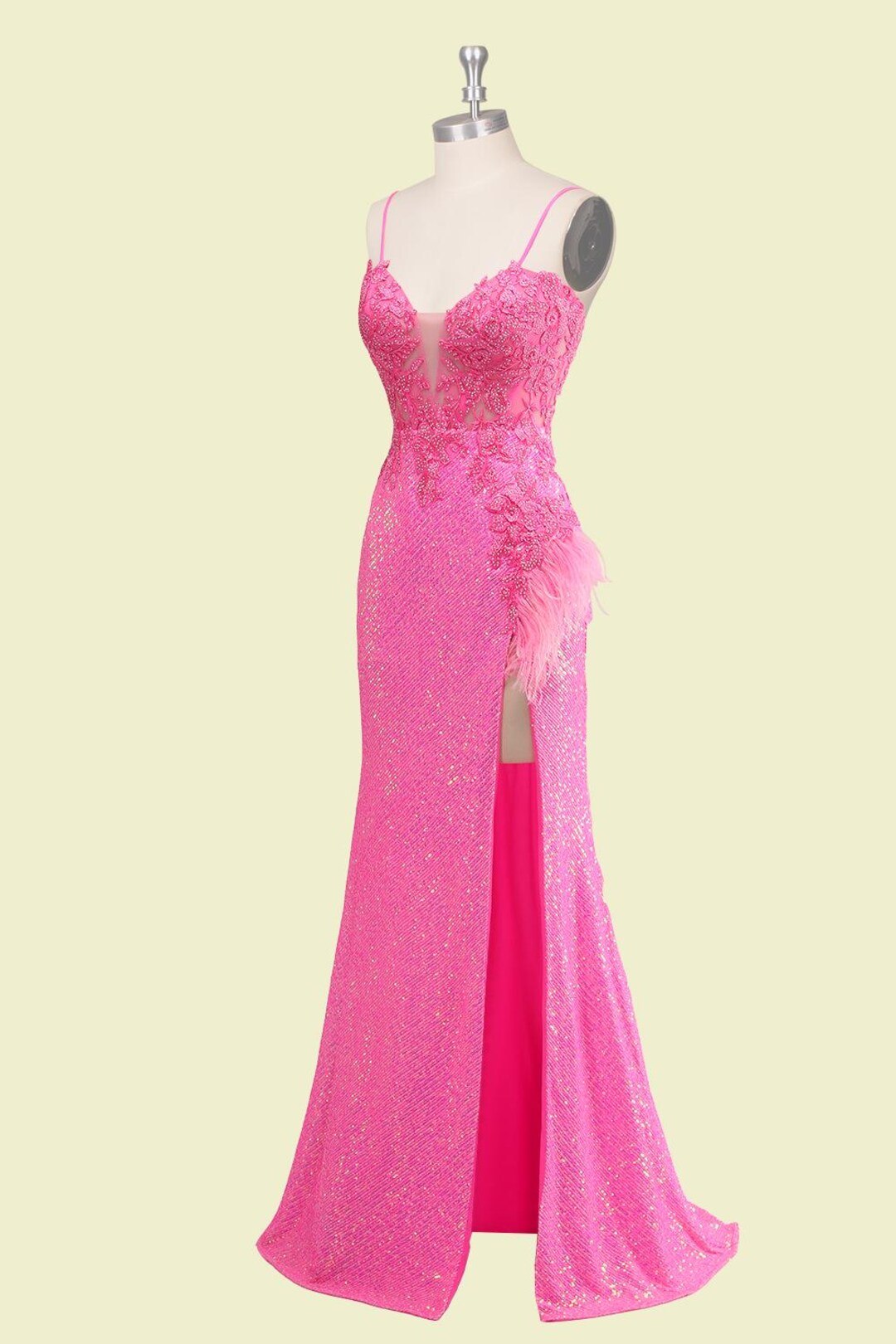 Custom Sequin Corset Beaded Prom Dress Prom Dress, Pink Lace Slit Party ...