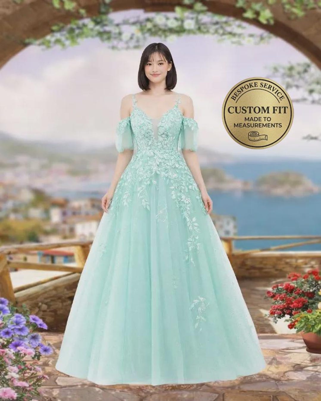 Bespoke Cyan Prom Dress, 3D Floral Appliqué Aqua Evening Gown, Off-the ...
