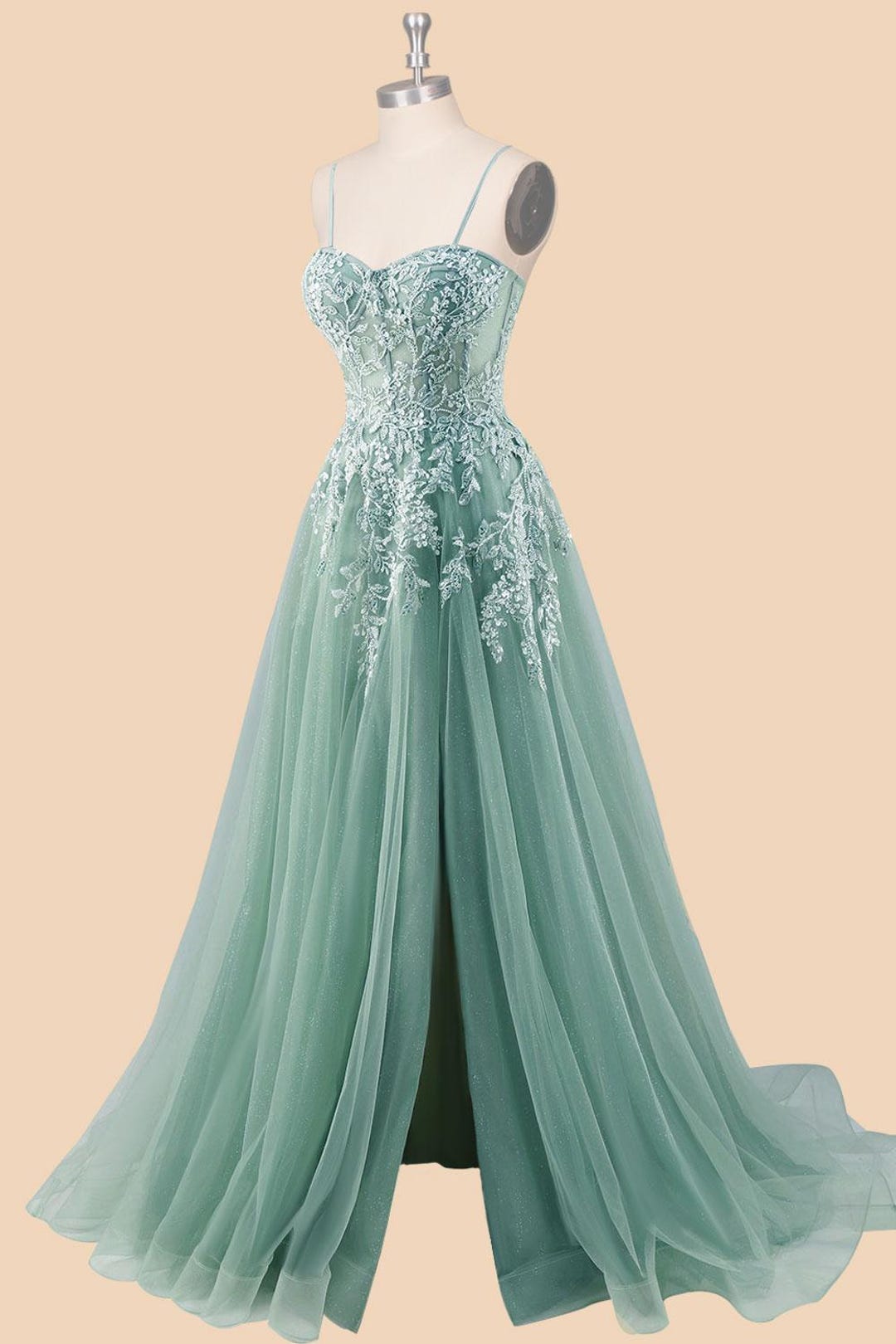 Custom Floral Embroidery Corset Prom Dress: Cyan Tulle Sequin Party ...