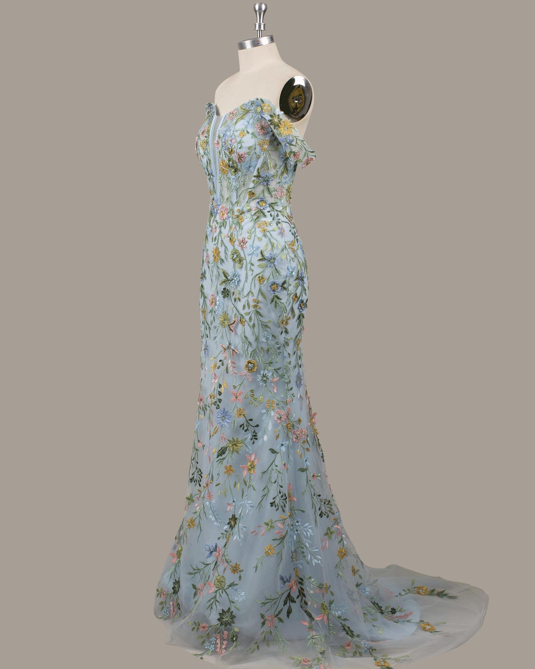 Custom Flower Embroidery Prom Dress, Blue Long Evening Gown - Etsy