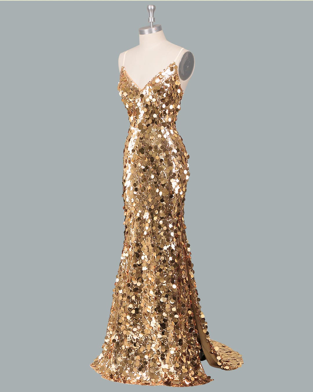 Custom Gold Big Sequin Prom Dress, V Neck Party Dress - Etsy