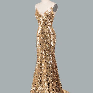 Custom Gold Sequin Prom Dress 2026 Glitter Maximalism, V-neck Mermaid ...