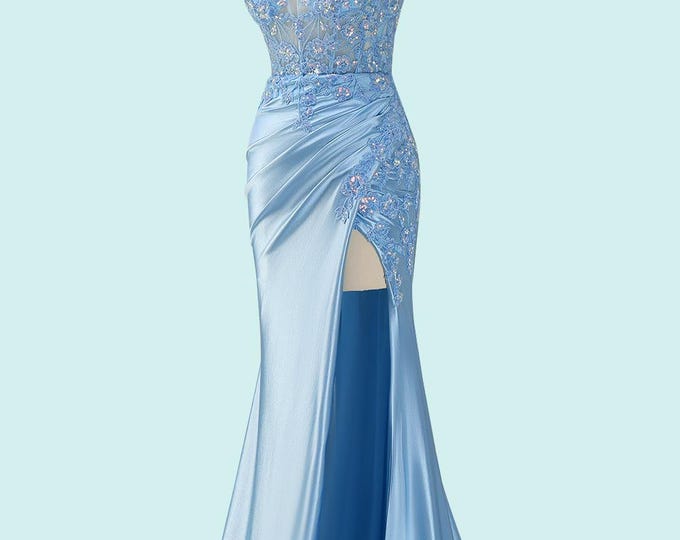 Custom Sparkly Light Blue Lace Corset Sequin Prom Dress, Satin Slit ...