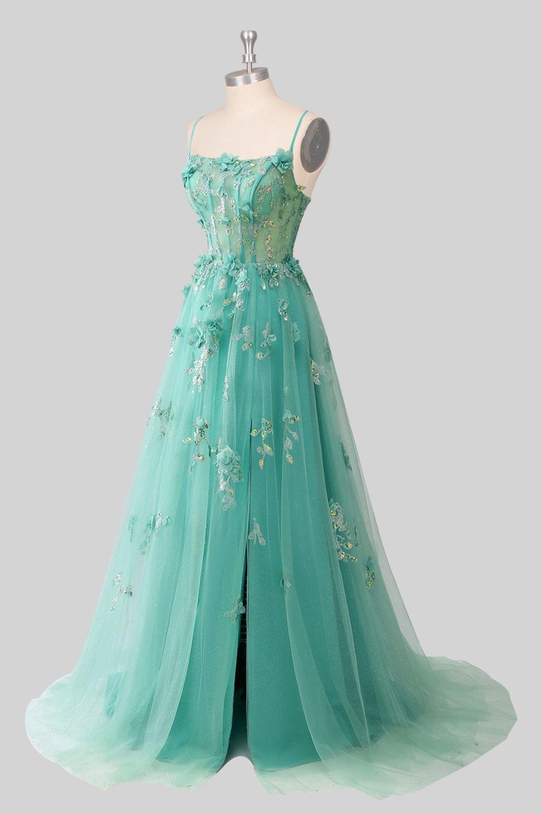 Custom 3D Flower Lace Shinning Prom Dress, Cyan Slirt Party Dress - Etsy