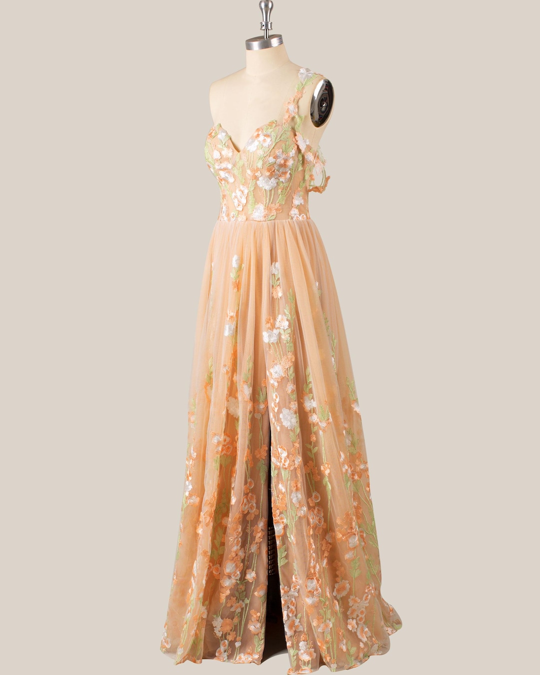 Custom Floral Embroidery Prom Dress, Light Brown Evening Gown - Etsy