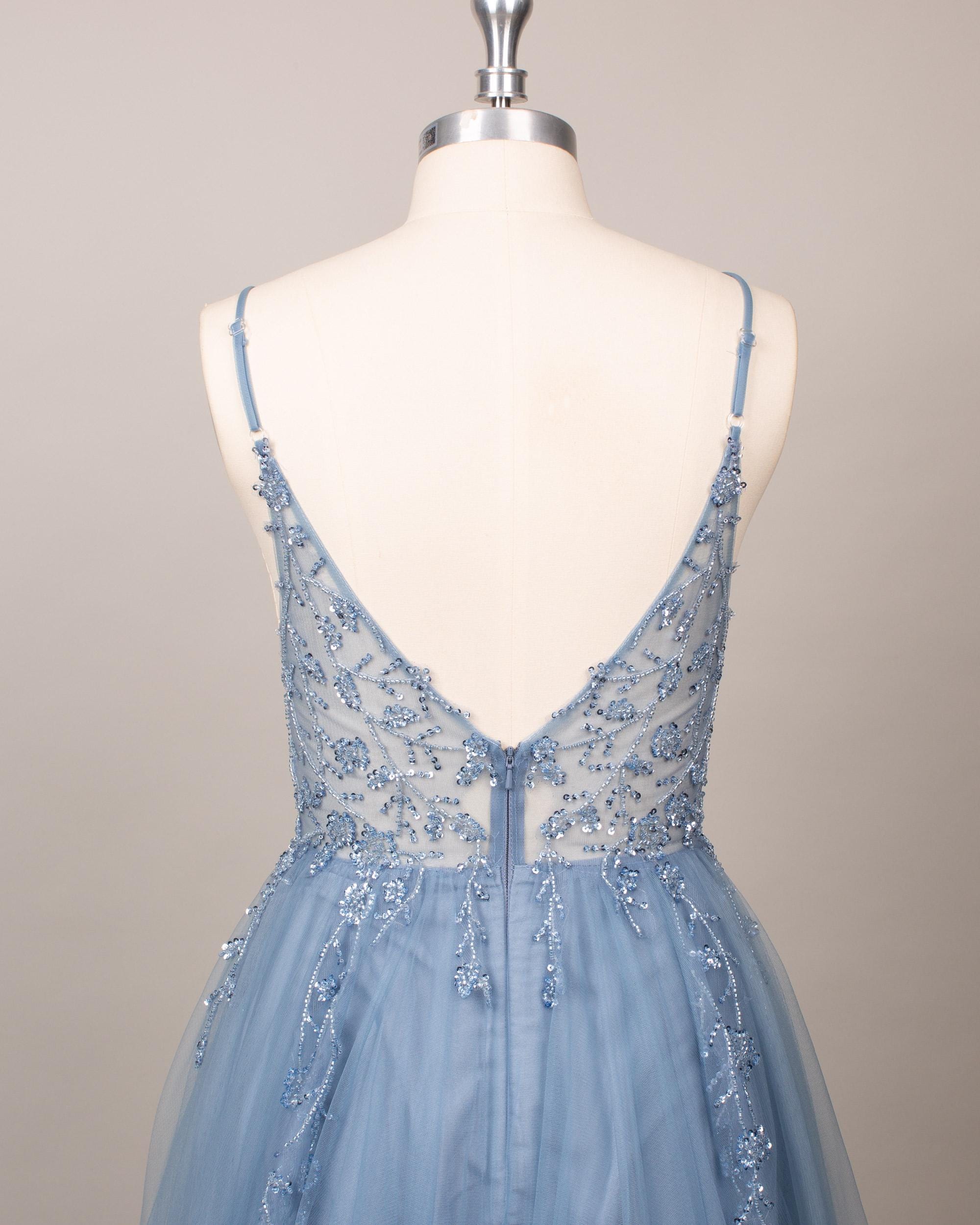 Blue Prom Dress 3D Floral Applique, Custom Made Satin Evening Gown ...