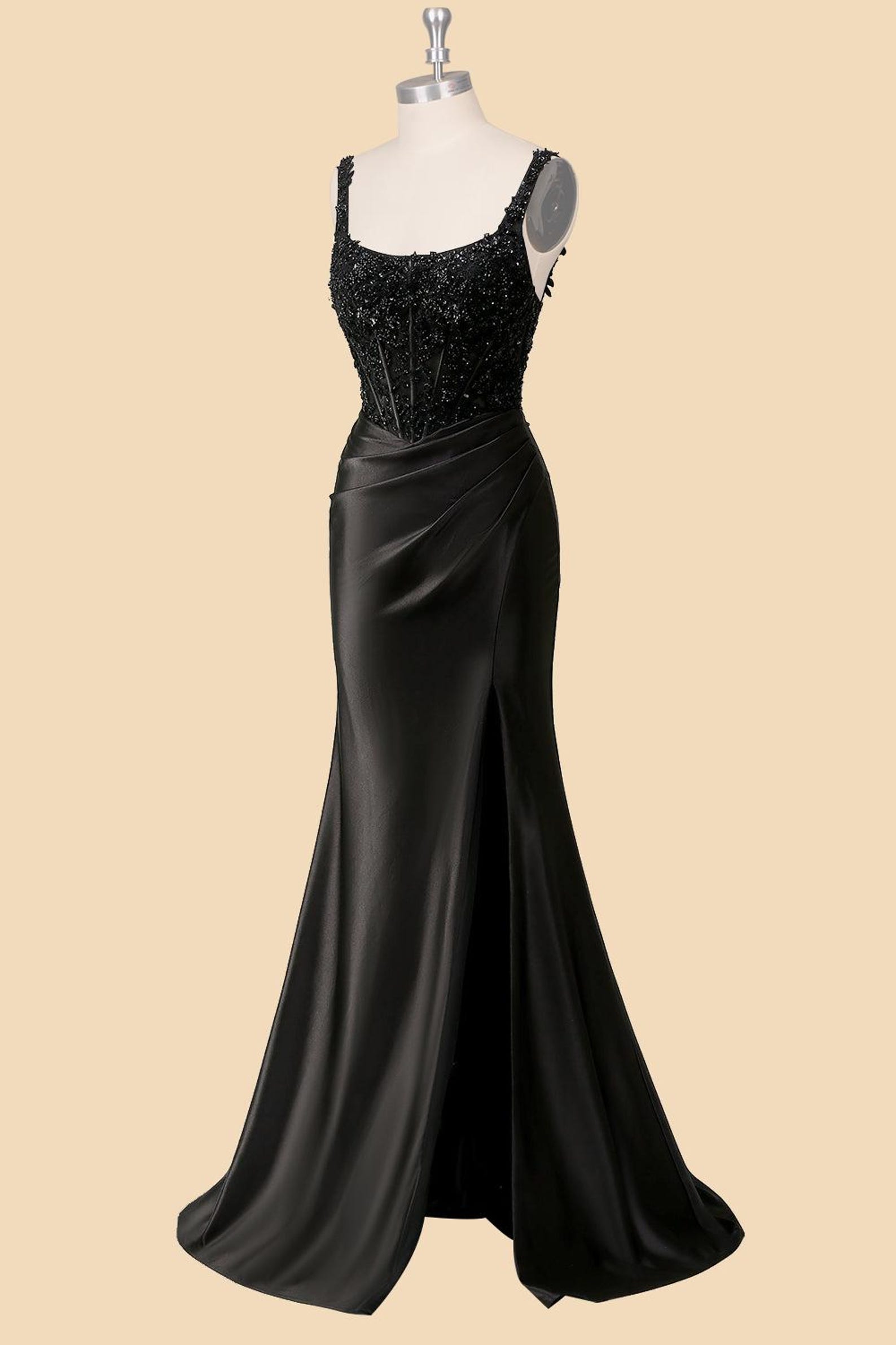 Custom Ruched Corset Beaded Prom Dress Prom Dress, Black Slit Party ...