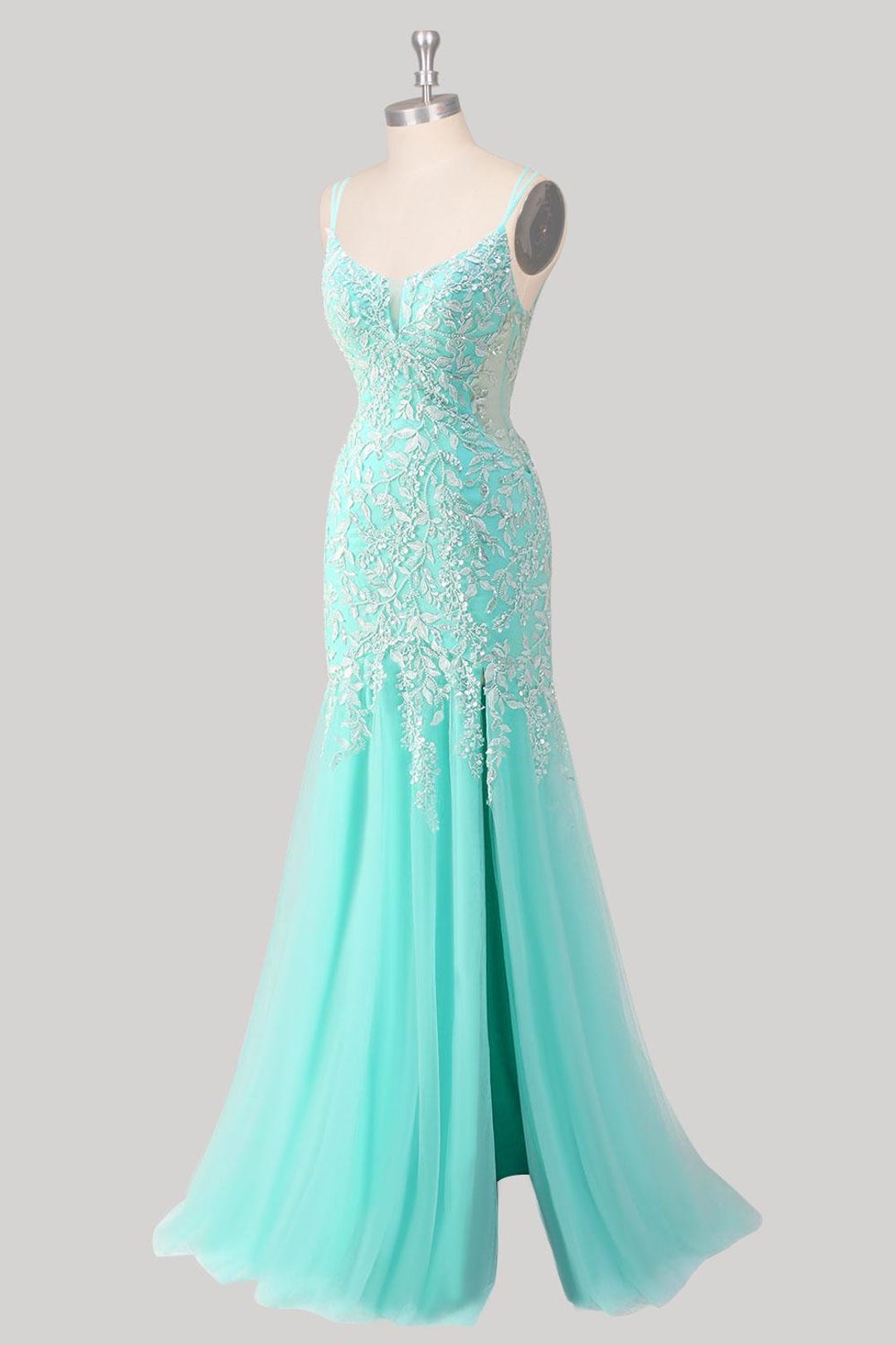 Custom Lace Sequin Embroidery Long Prom Dress, Slit Corset Cyan Party ...