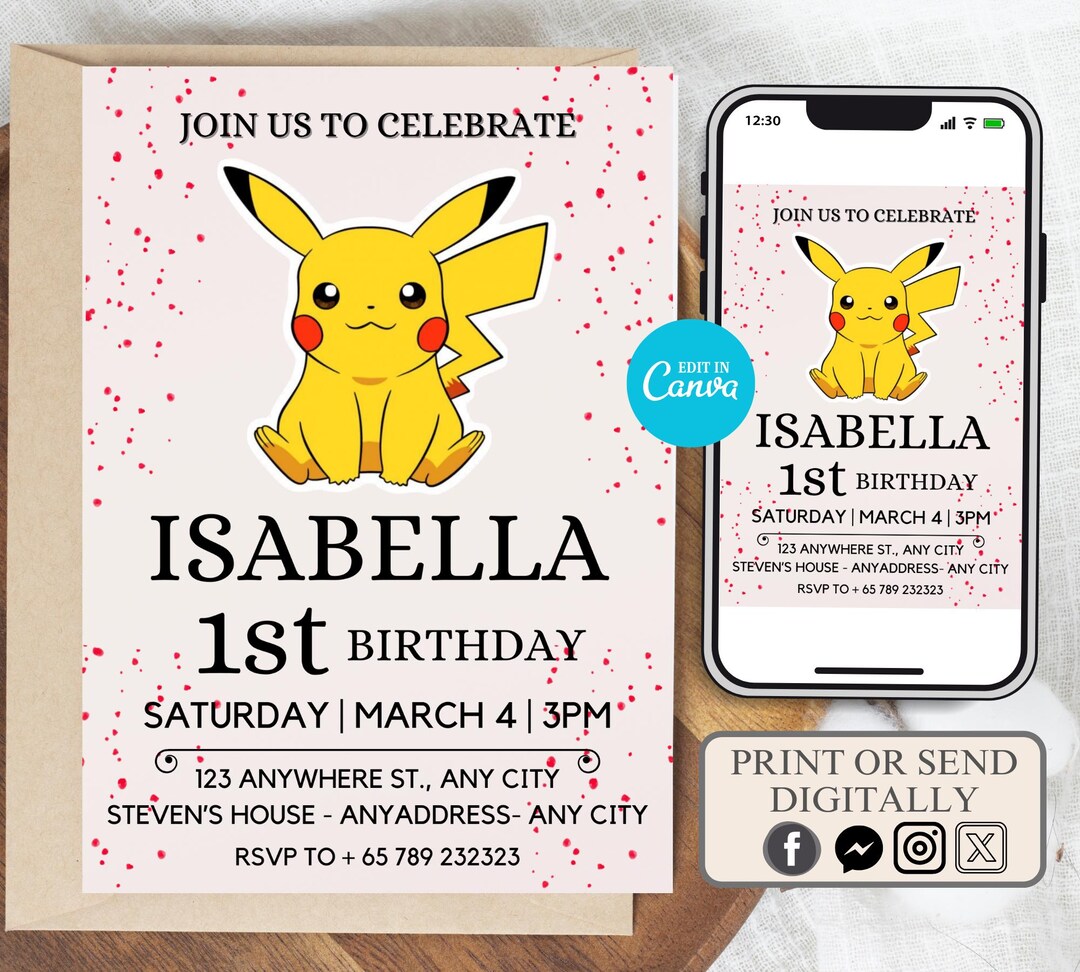 Invitación de Pokémon, invitación editable, invitación de cumpleaños ...