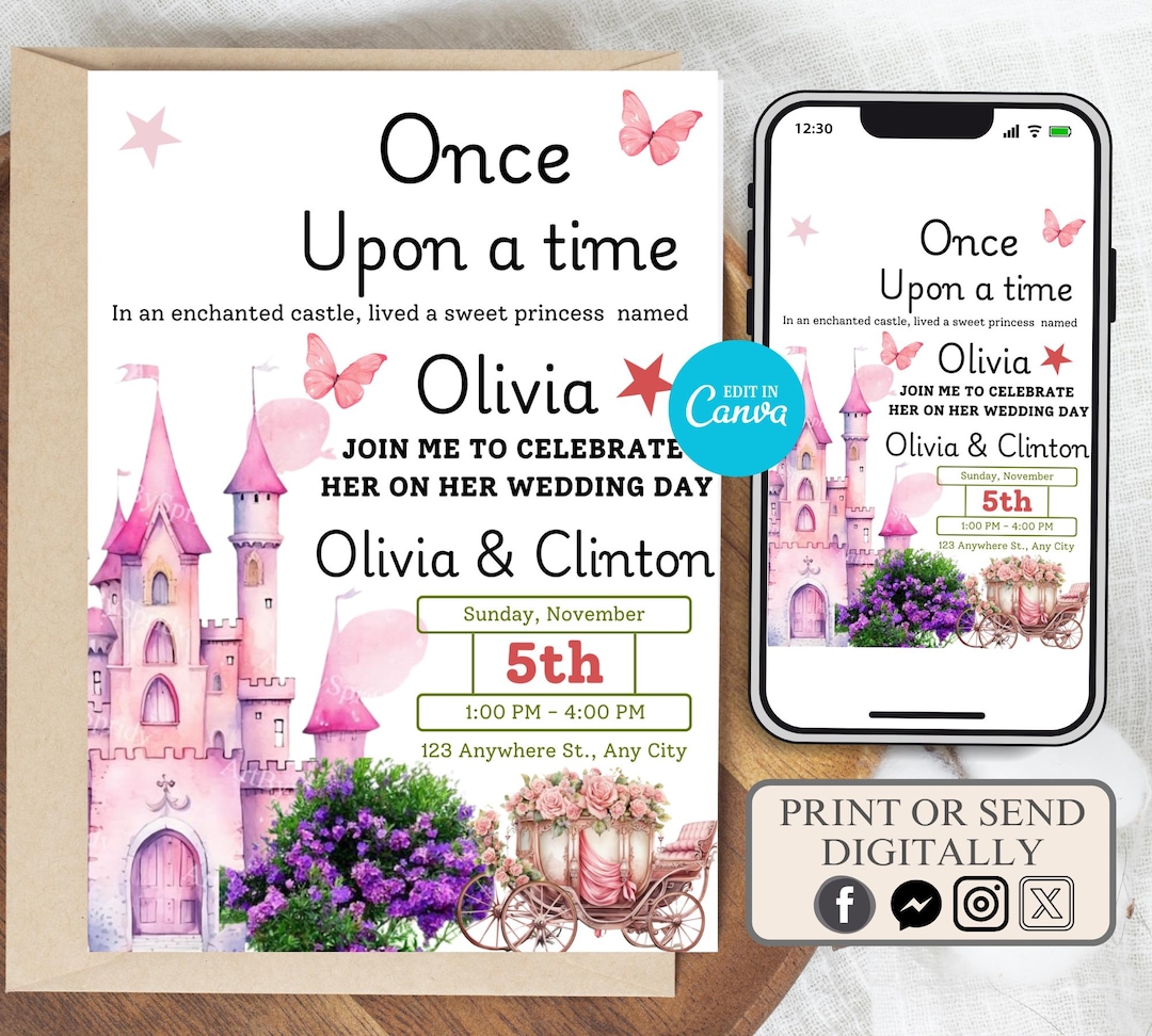 Princess Wedding Invitation Princess Birthday Party Evite Editable Pink ...