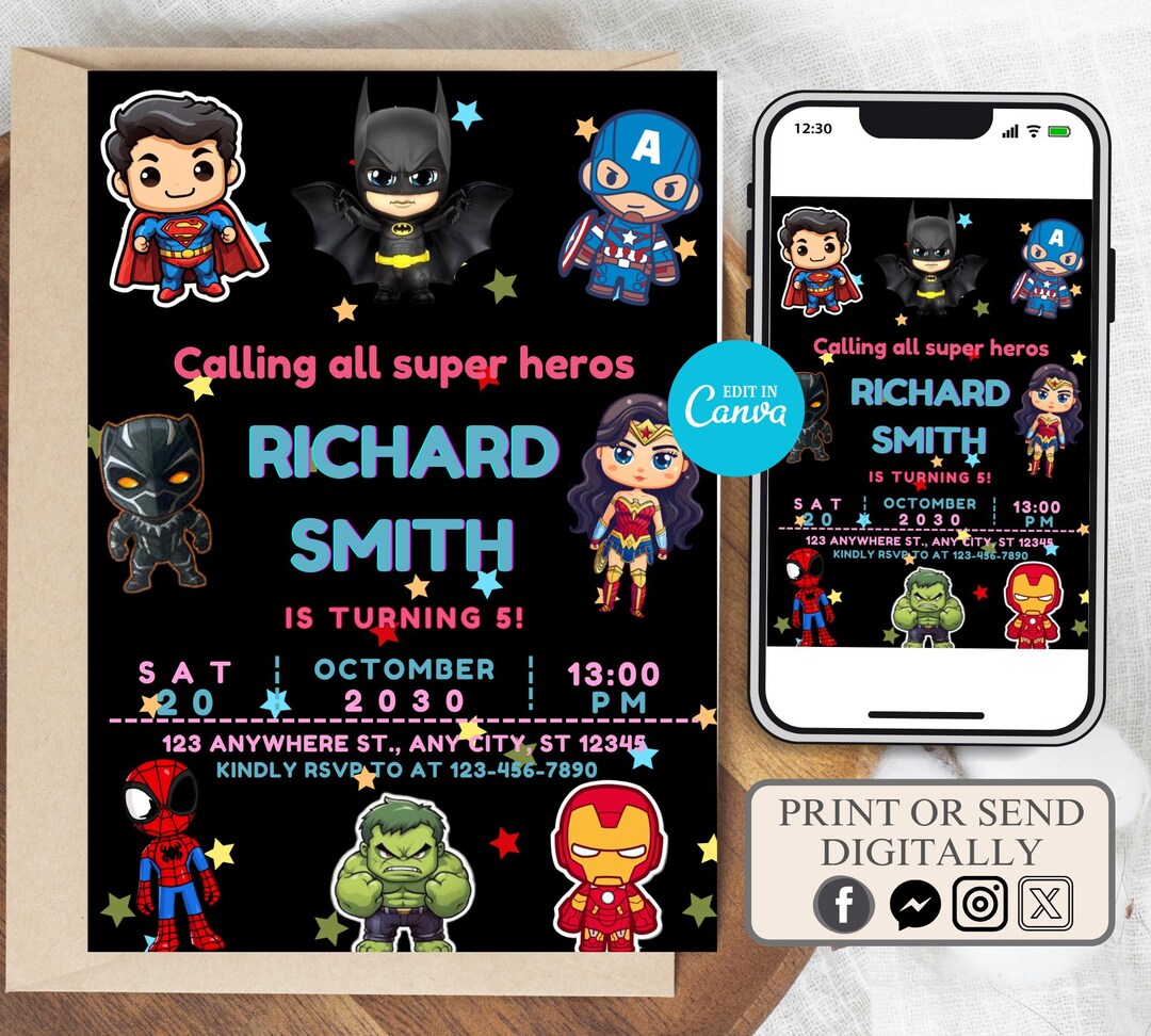 Editable Superheroes Birthday Invitation Template Kids Party Invite ...