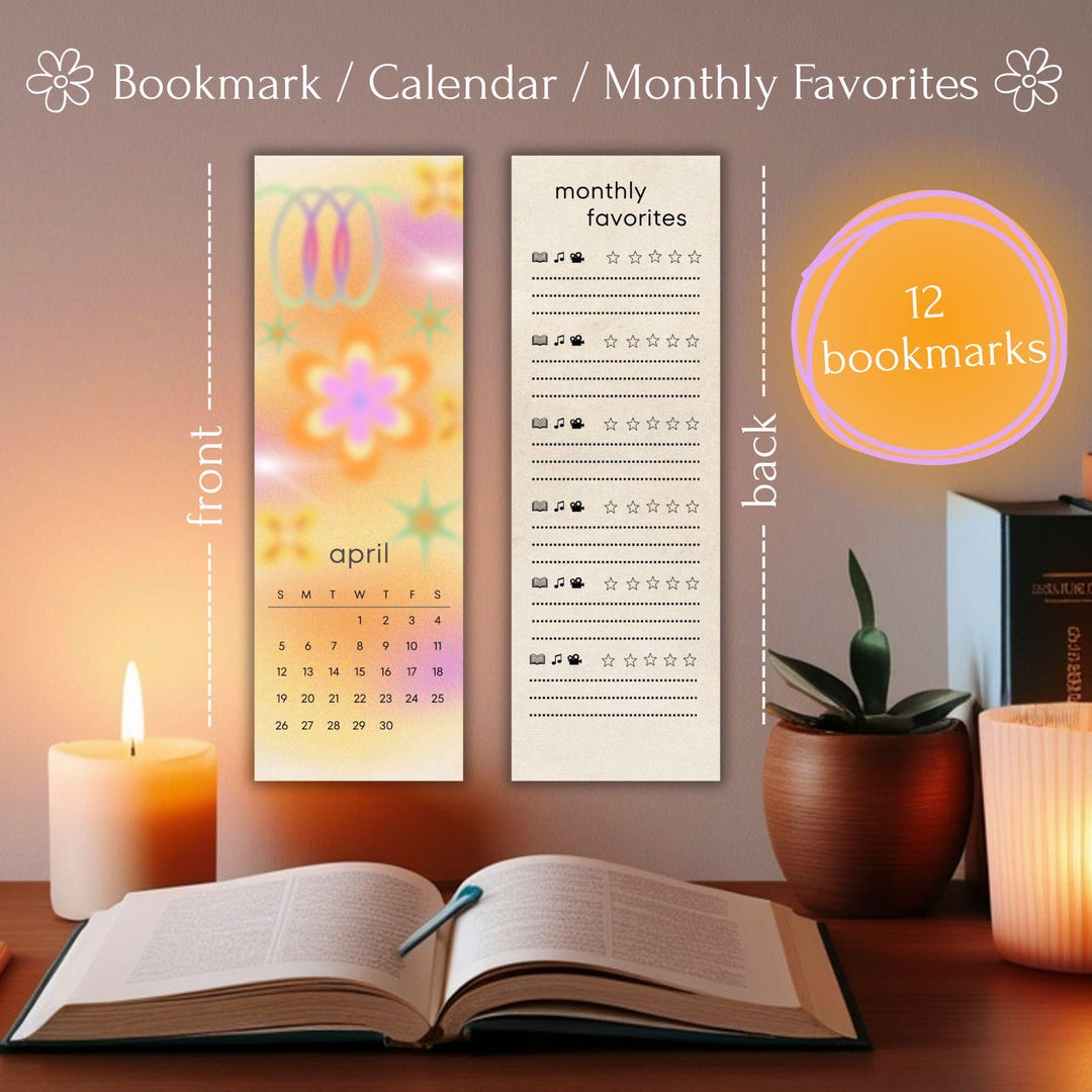 Gradient Monthly Calendar Bookmarks Printable Cozy Wellness Mindfulness ...