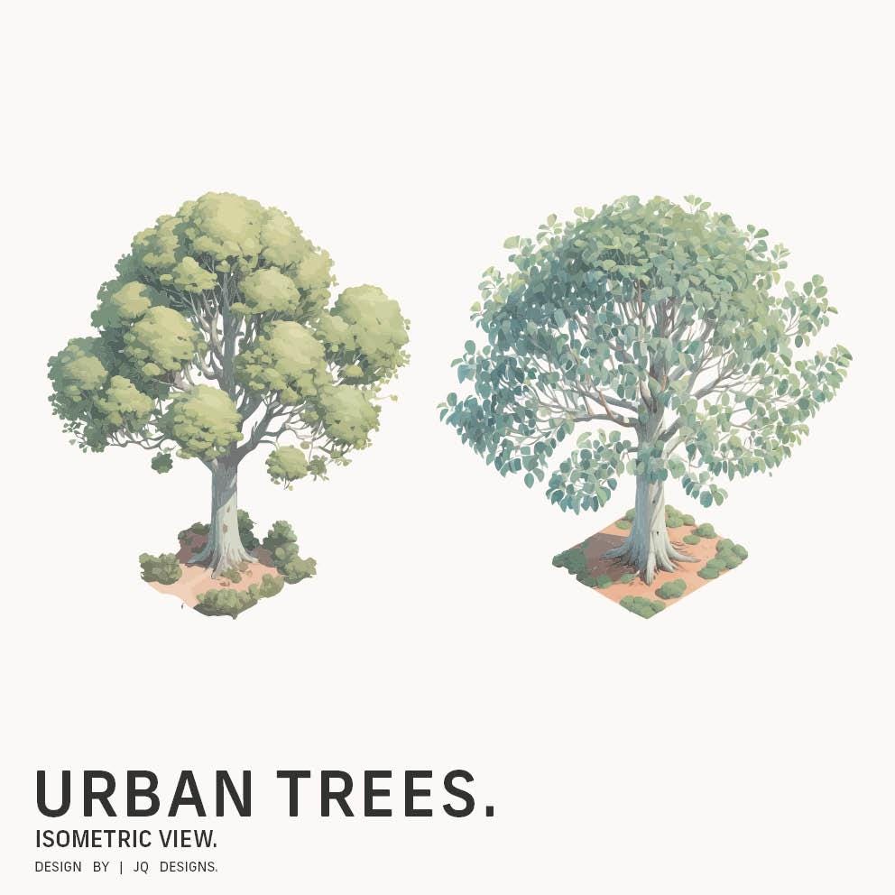 Set of 16 Urban Tree Vectors – Individual Illustrations in Isometric ...