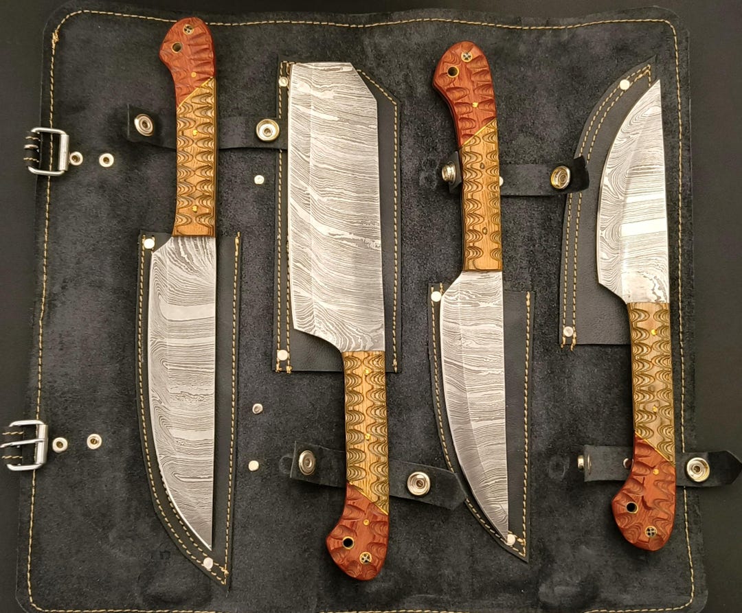 Handmade Damascus Chef Knives Set of 4 With Cleaver Textured Knife ...
