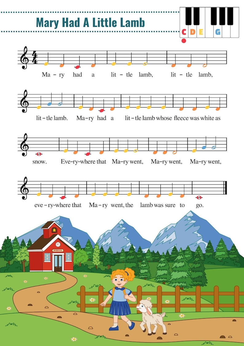 Mary Had A Little Lamb Easy Piano Sheet Music, Digital Downloadable ...