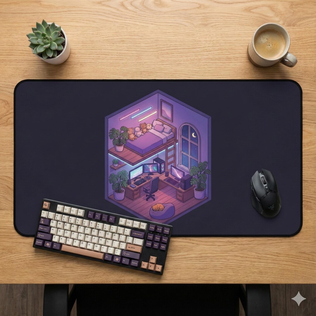 Isometric Lofi City Desk Mat | Purple Dream Room Mousepad | Cozy Night ...