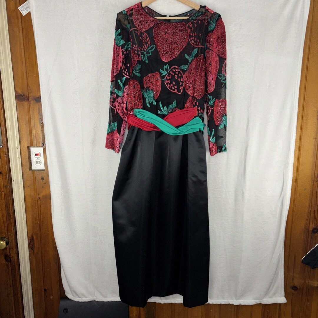 Vintage Helga Sparkle Strawberry Print Formal Dress Satin & Sheer 1970s ...
