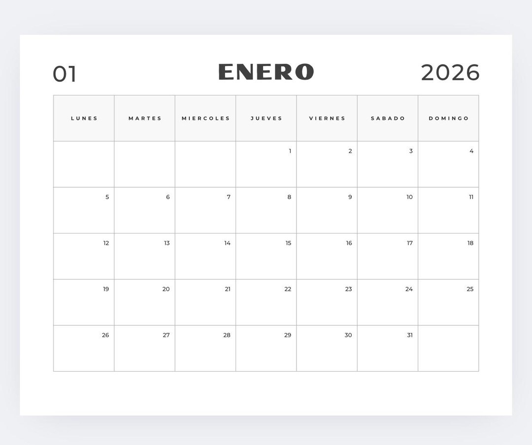 Simple Calendar 2026 in Spanish, Week Starts Monday, to Print on Paper ...