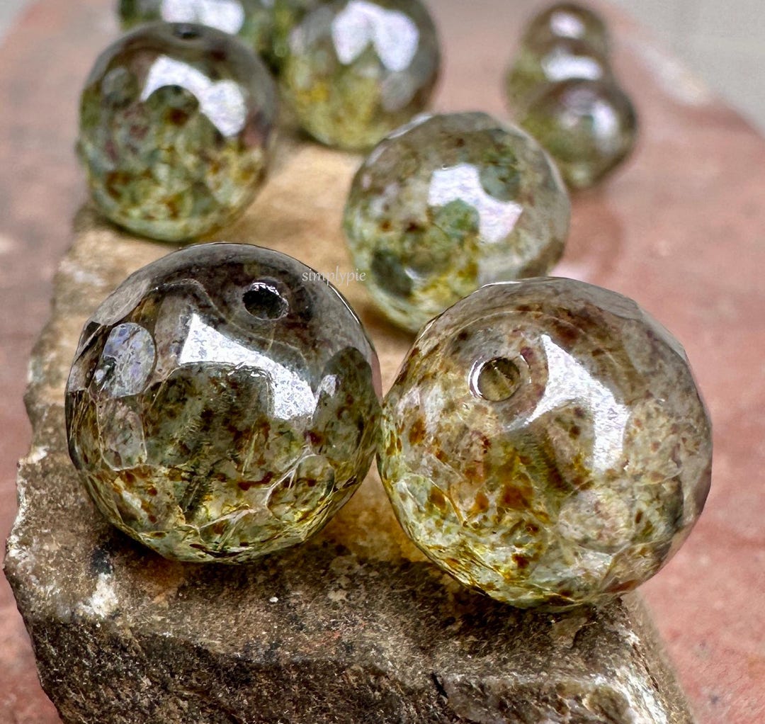 Green Moss Picasso Fire Polished 10 Pcs 12mm Czech Glass Beads Faceted ...