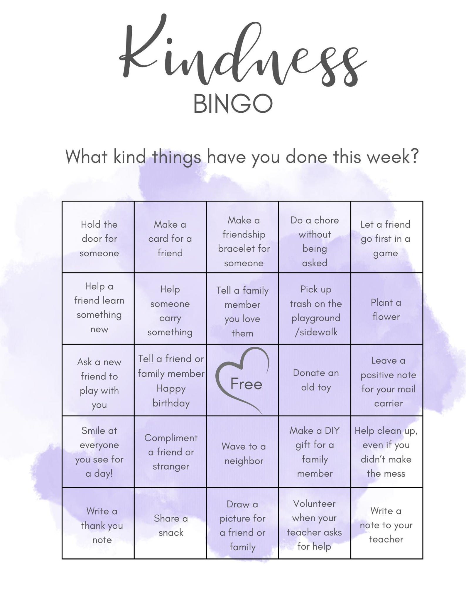 Kindness Bingo Printable - 4 Cards - Etsy