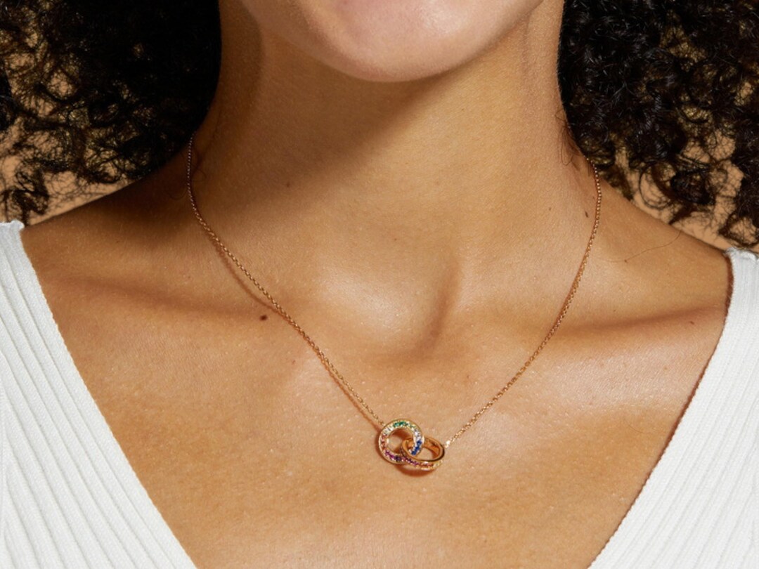 Dainty Rainbow Interlocking Circle Necklace, Colorful Double Locking ...