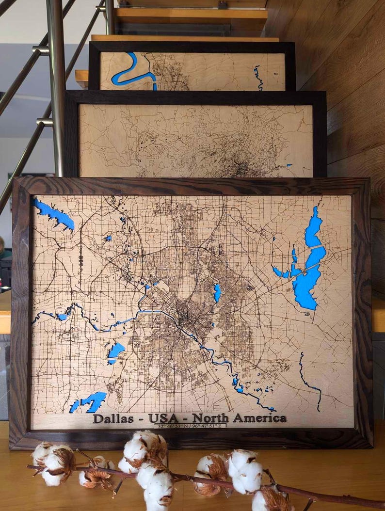 Dallas Laser Cut Map Large Wood City Map Personalized Wood Crafted ...