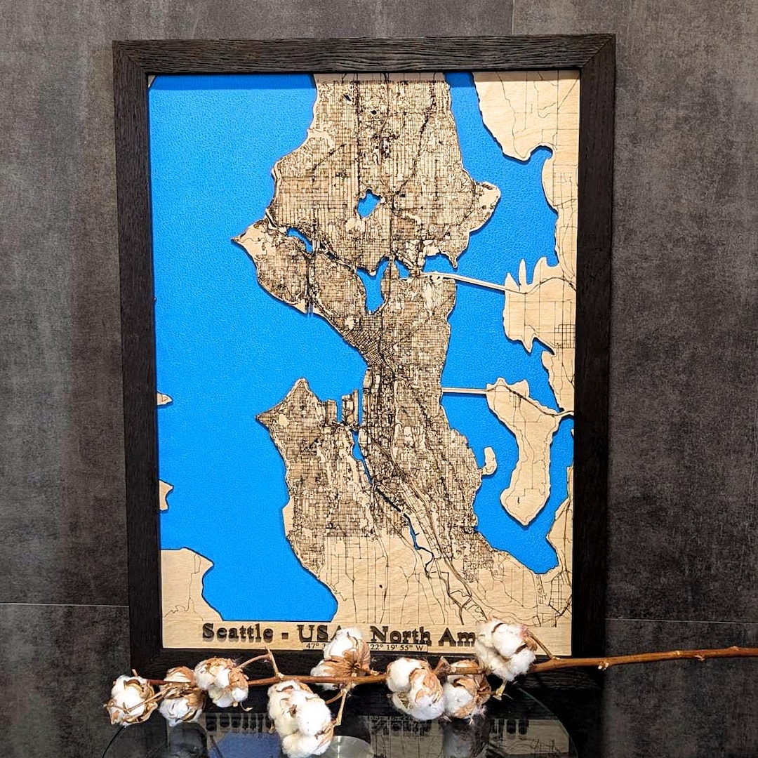 Laser Engraved Seattle Map, Large Framed Wooden Map, Wood Crafted ...