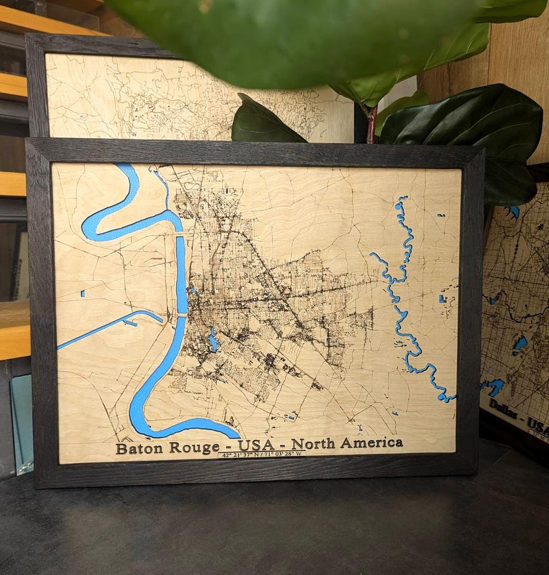 Barton Rouge Wooden Map Laser Cut Home Decor Engraved Wood Location Map ...