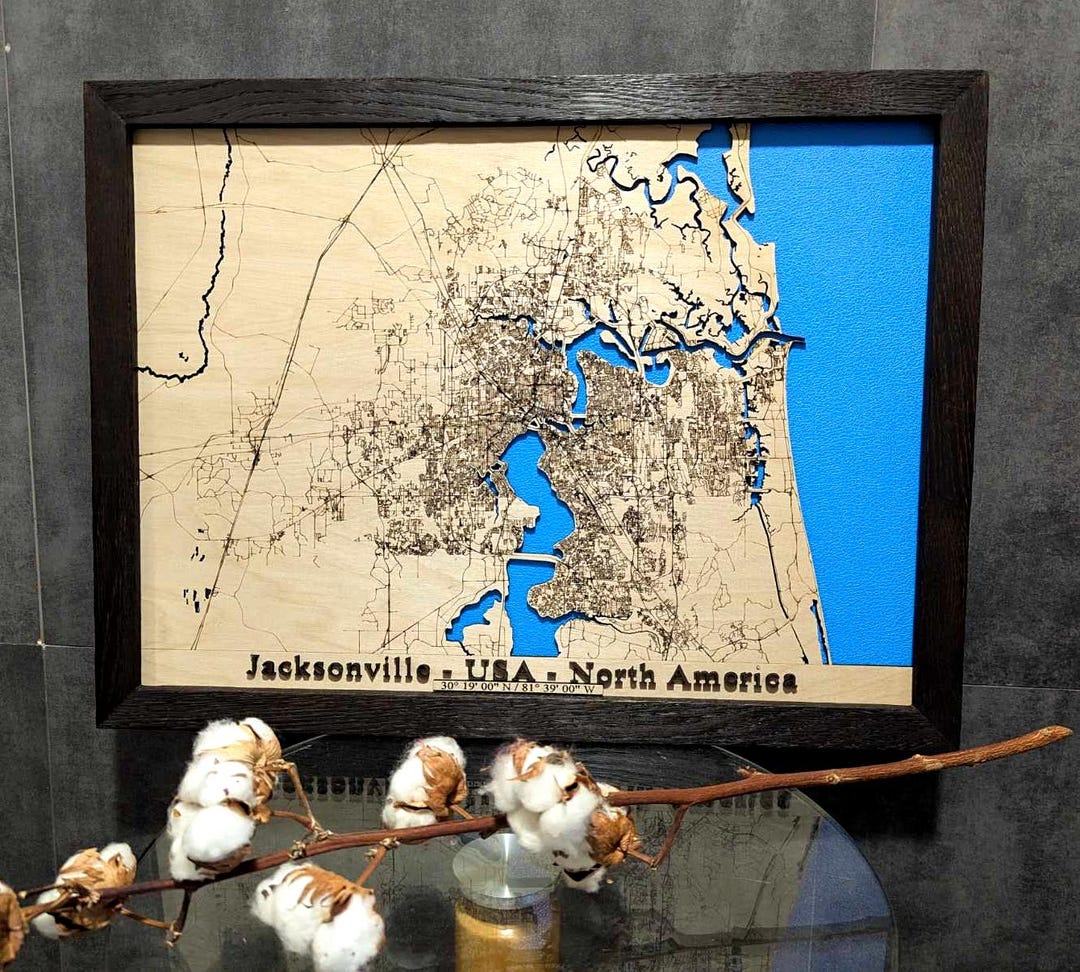 Engraved Topography Jacksonville, Large Wood Location Map, Unique ...