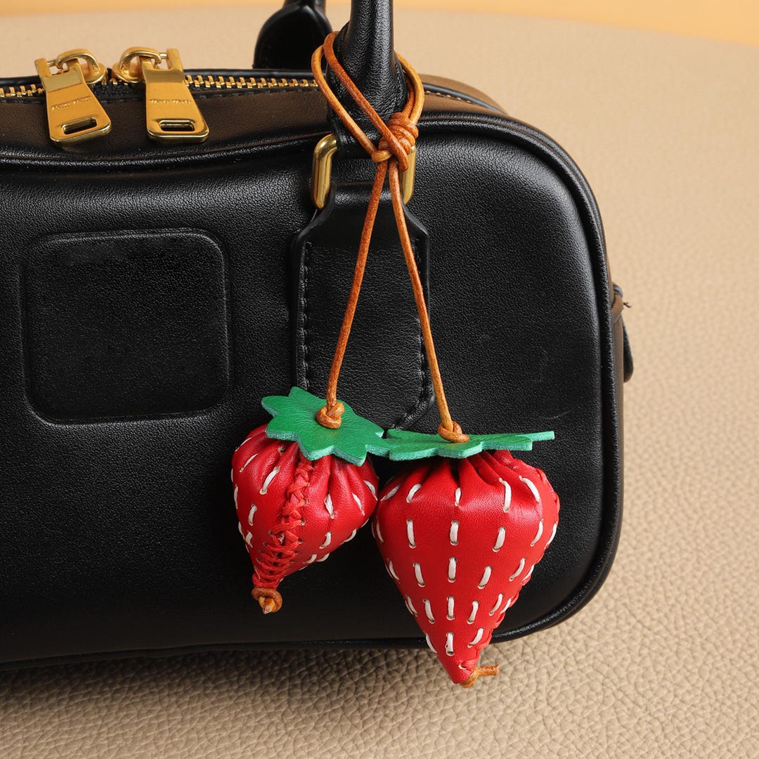 Bag Charm Strawberry Genuine Leather Handmade Keychain Purse Charms 3D ...