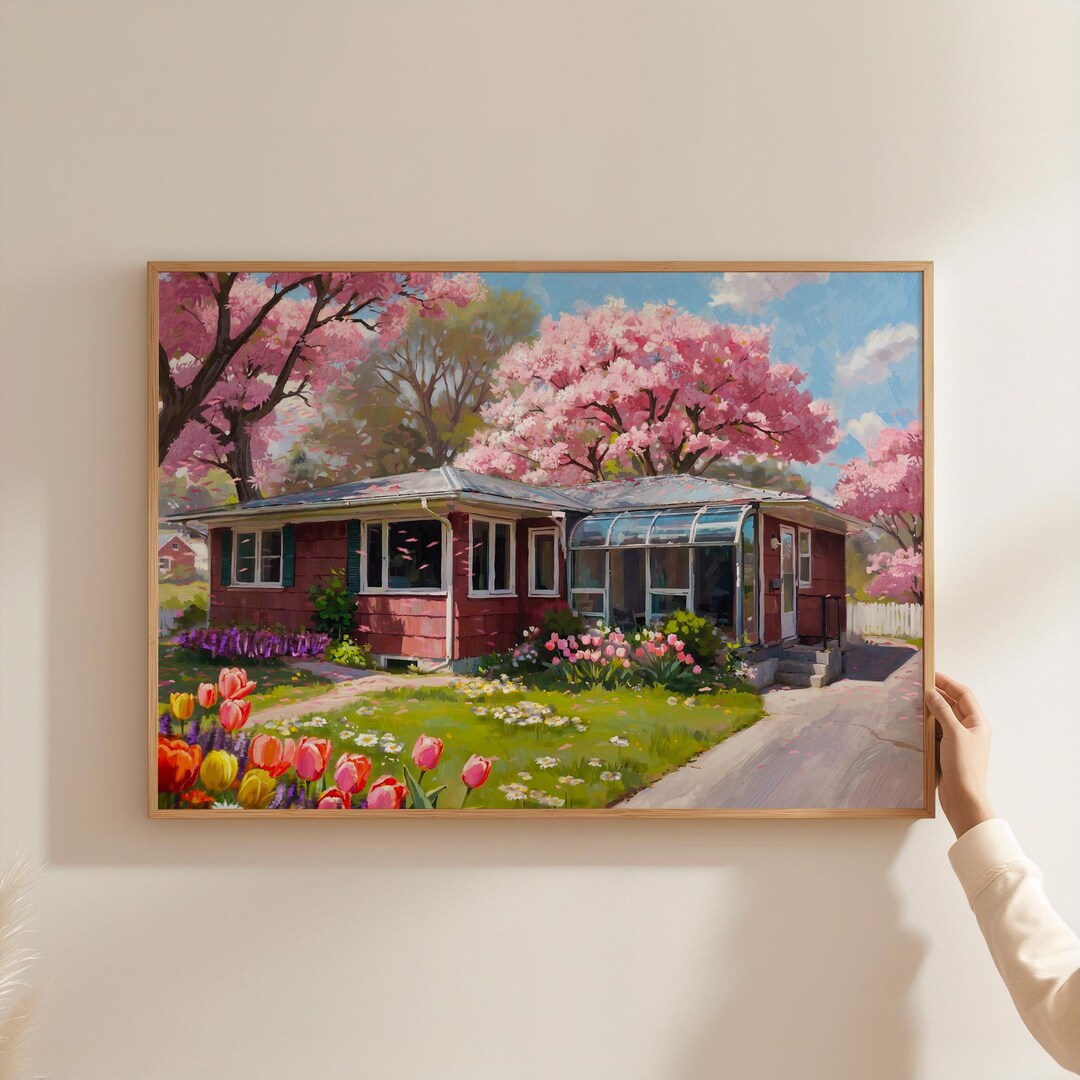 Charming Floral Springtime House Poster: Blooming Garden & Home Wall ...