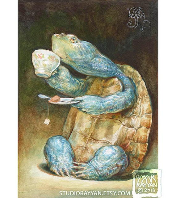 Savoring the Sip 5x7 mini print turtle art tea time relax | Etsy