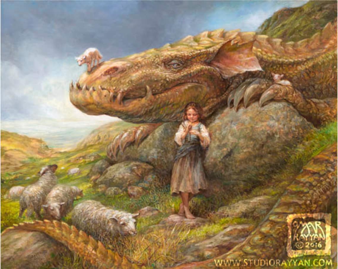 The Shepherdess print Dragon Sheep Girl Fantasy Art - Etsy