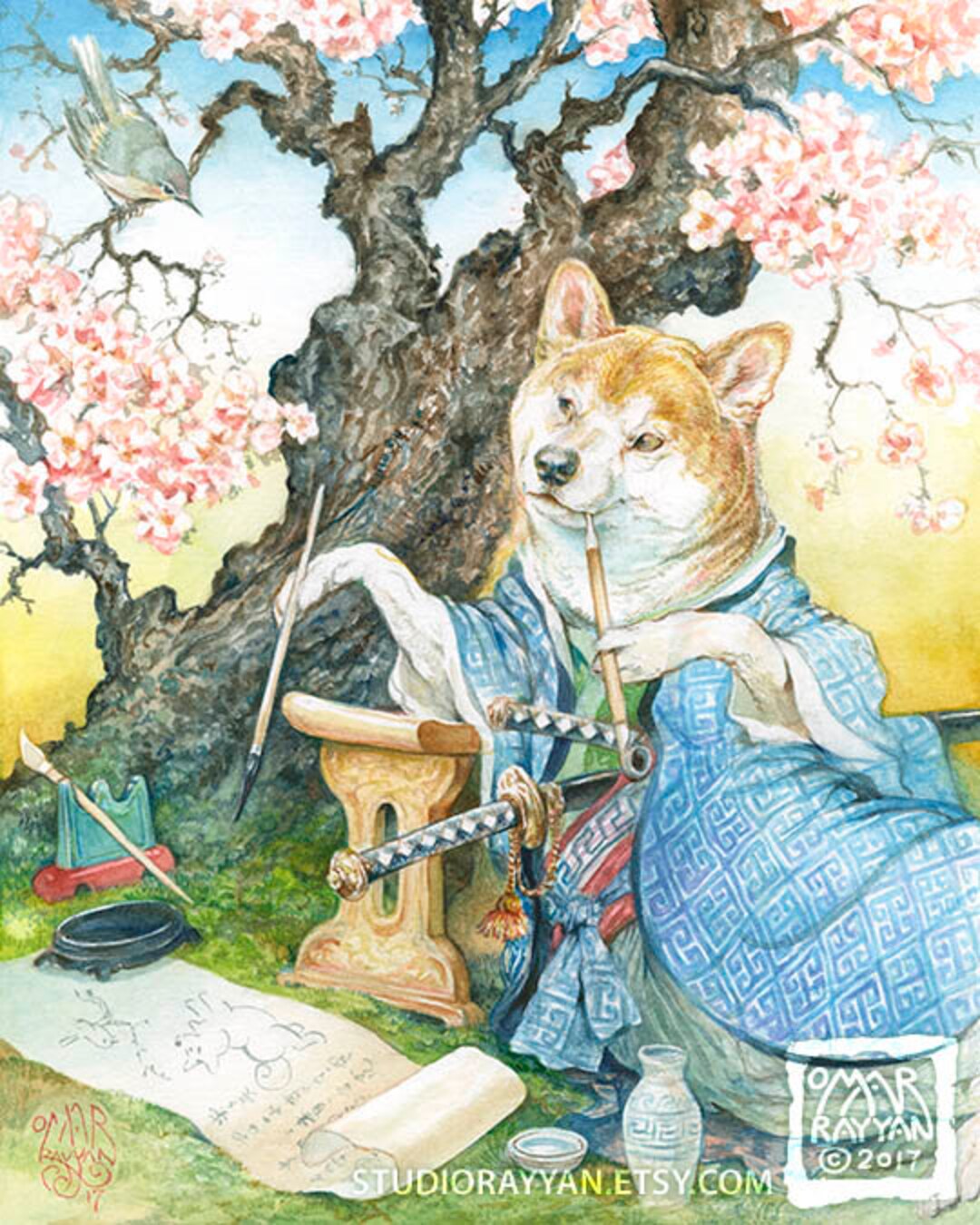 The Samurai Poet 8x10 Medium Print Shiba Inu, Doge, Watercolor, Dog Art ...