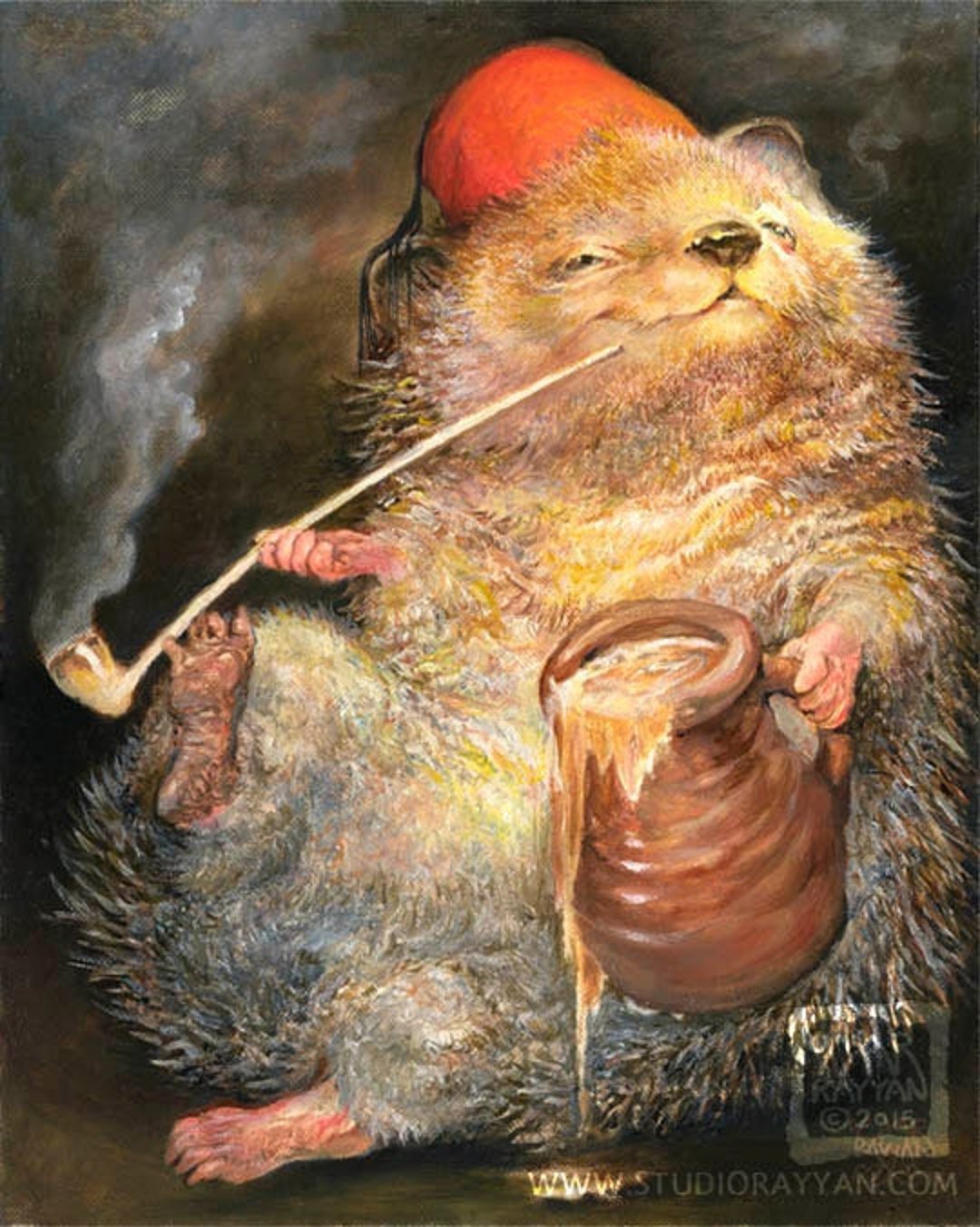 Happy Hedgehog (8x10 Medium Print) Pipe Smoking, Beer, Relax, Chill Out ...