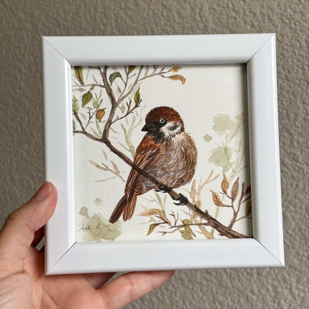 Mini Bird Watercolor Painting, Original Sparrow Decor, Miniature Tiny ...