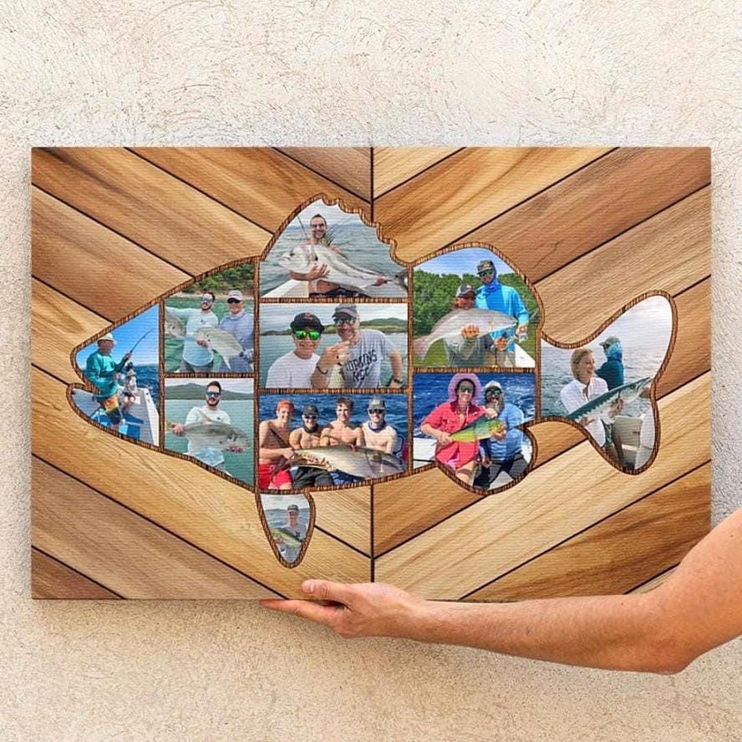 Custom Fishing Photo Collage Canvas – Fish Shape Personalized Wall Art ...