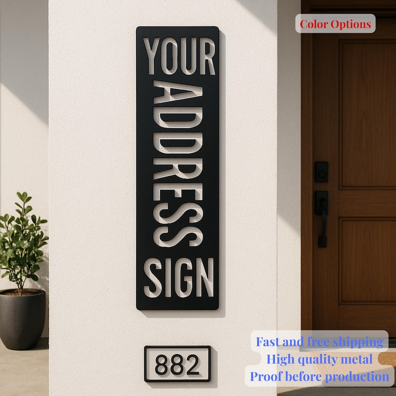 Modern Vertical Metal Address Sign: Laser Cut Black Steel House Number ...