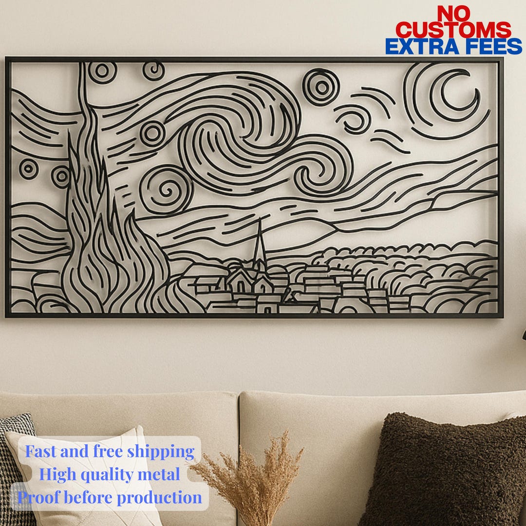 Starry Night Metal Wall Art: Van Gogh Inspired, Framed Line Art - Etsy
