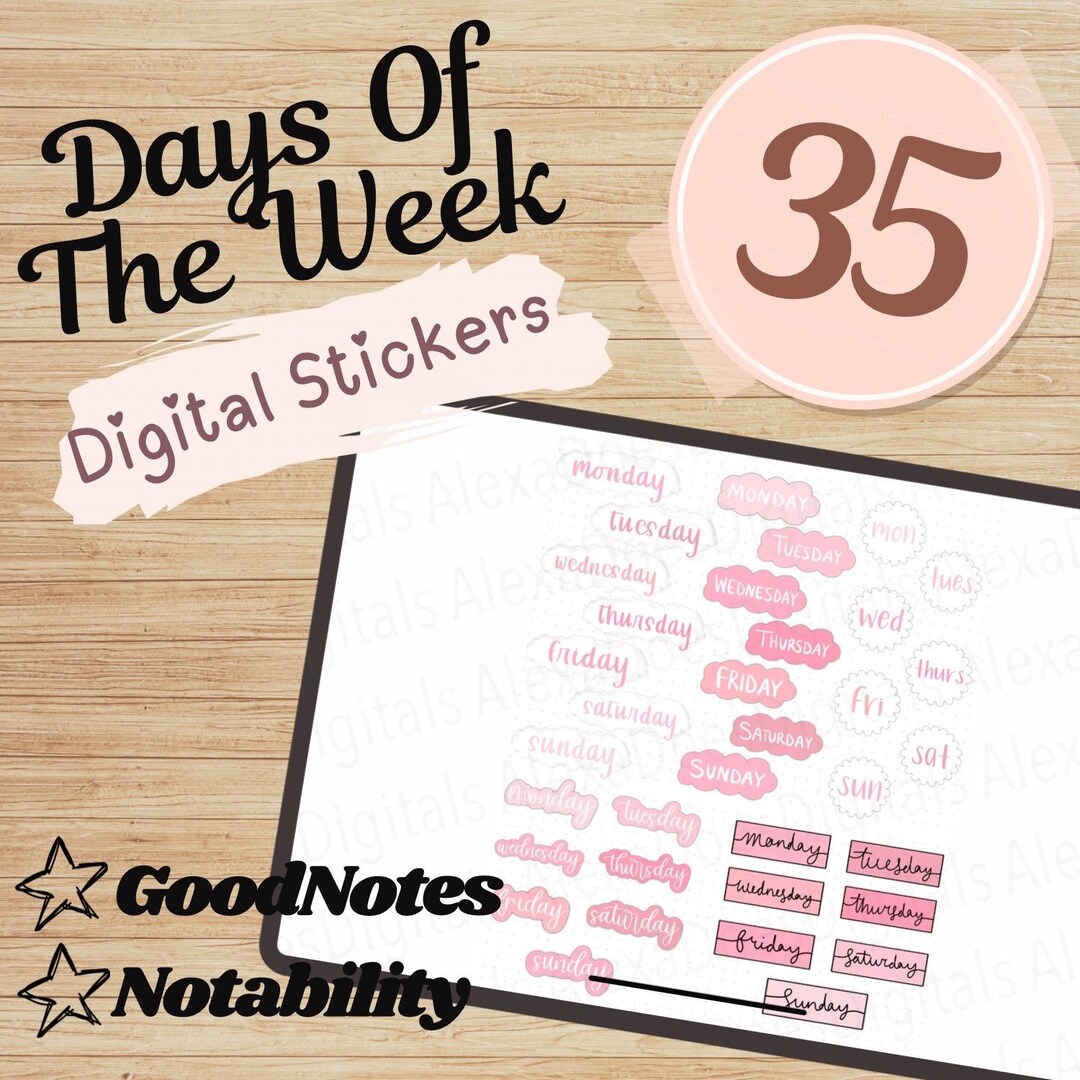Days of the Week, Pink Aesthetic, Digital Stickers, Digital Planner, Individual Pre-cropped Pngs ...