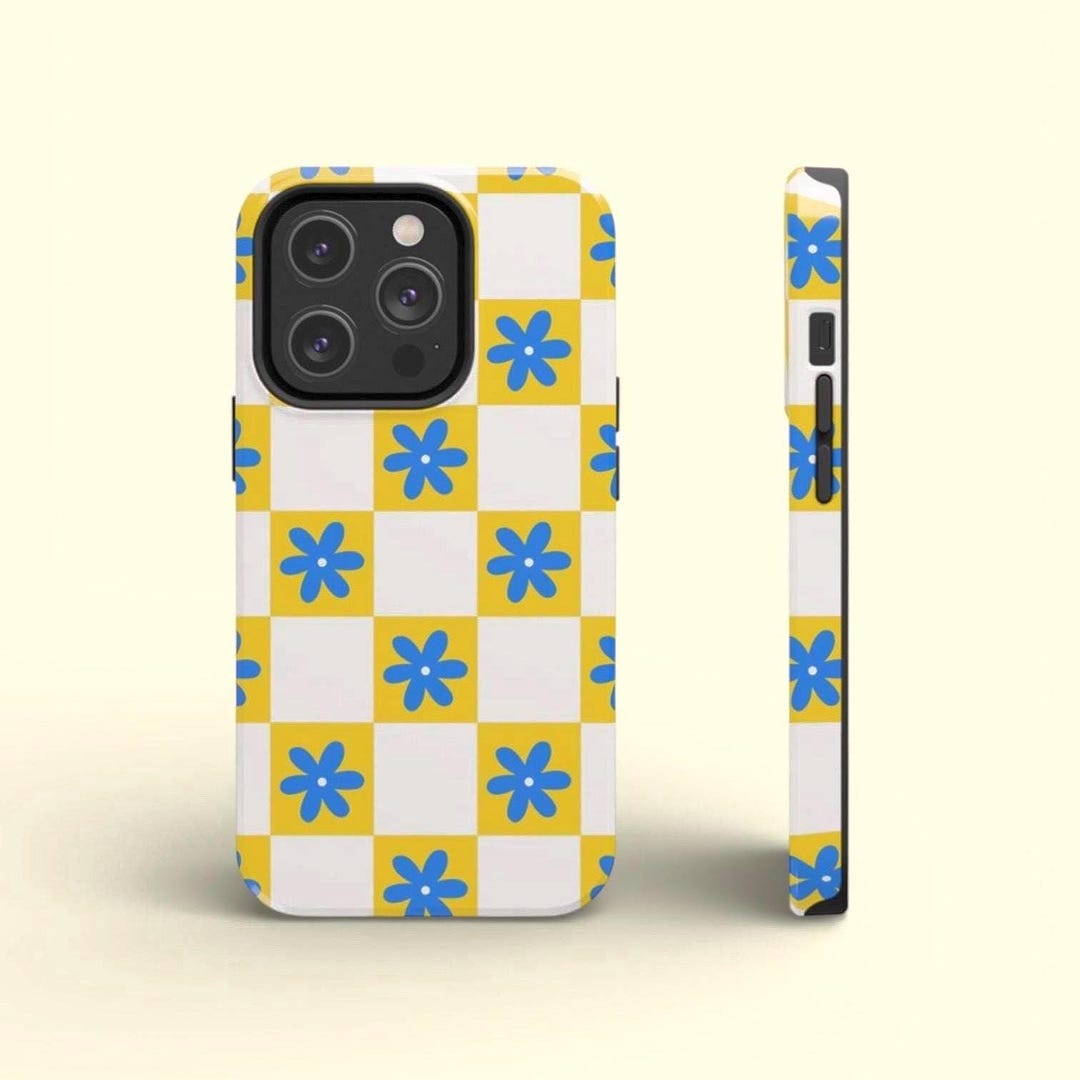 Blue Doodle Flowers Checkerboard Phone Case | Tough Phone Case - Etsy
