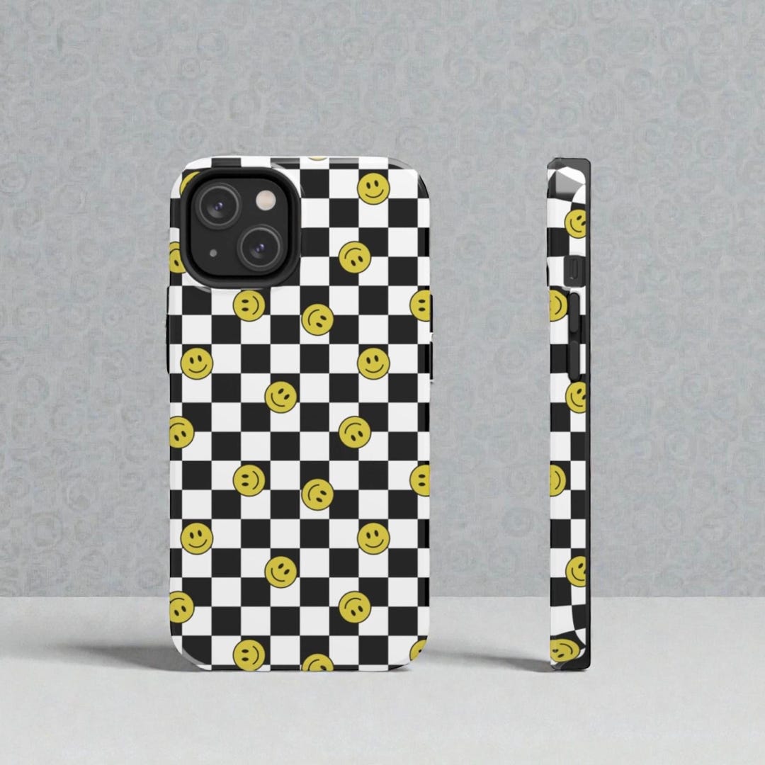Yellow Smiley Face Checkerboard Tough Phone Case | Black White Grid - Etsy
