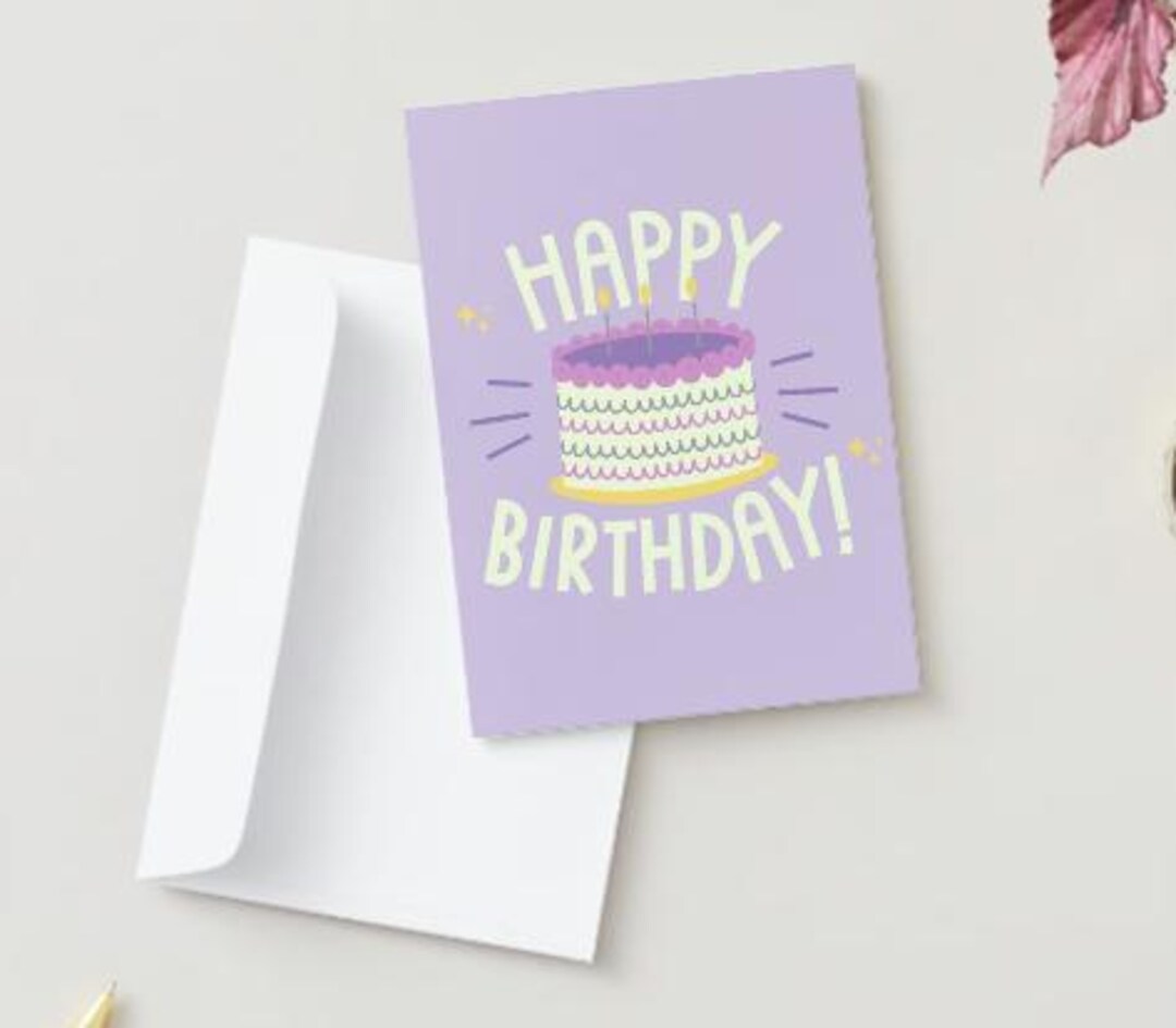 Printable Purple Birthday Card – Cute Cake Illustration (PDF & PNG) - Etsy