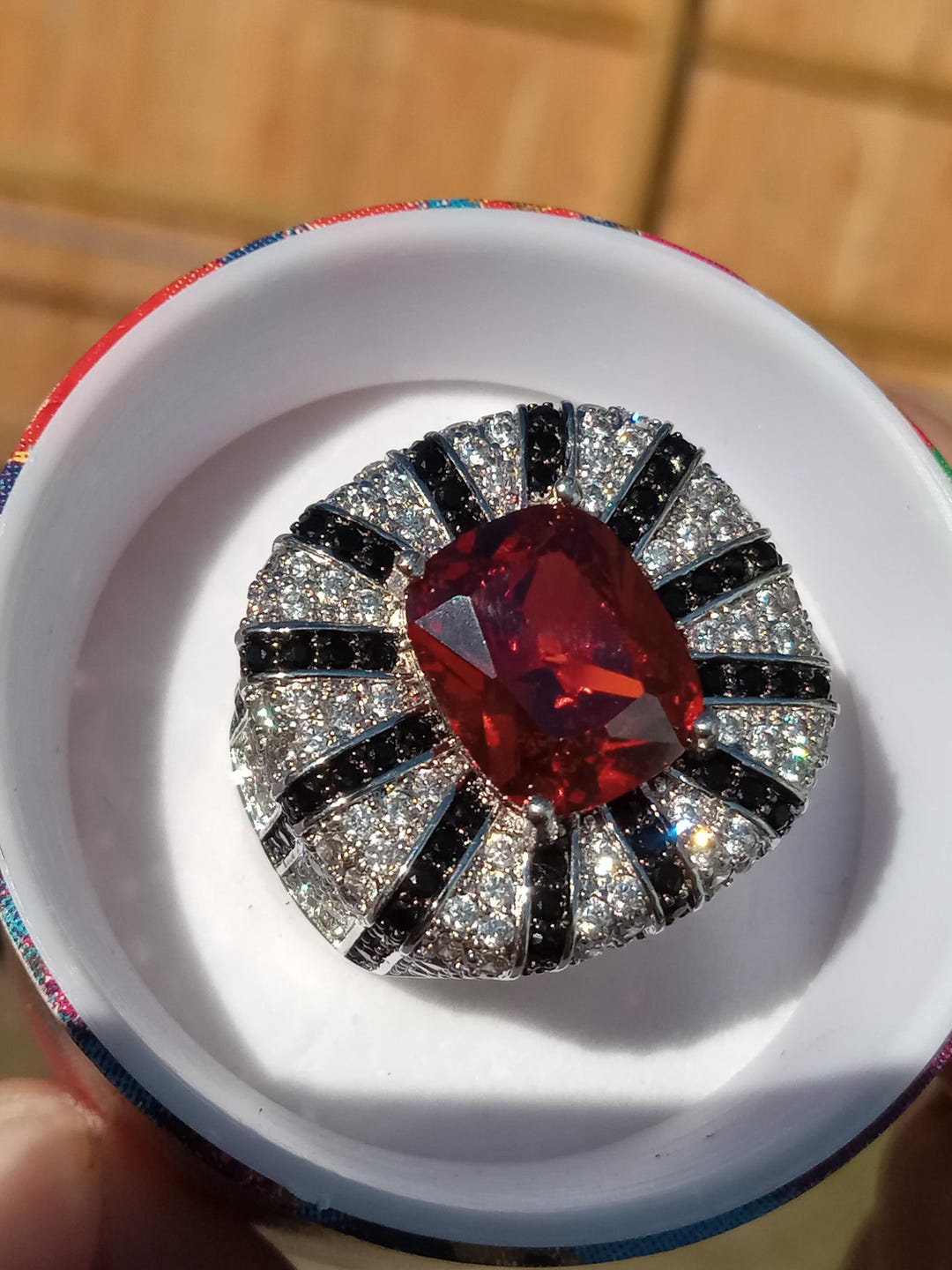 Red Ruby Encased With CZ White and Black Diamonds. WHITE 18k Gp Band - Etsy