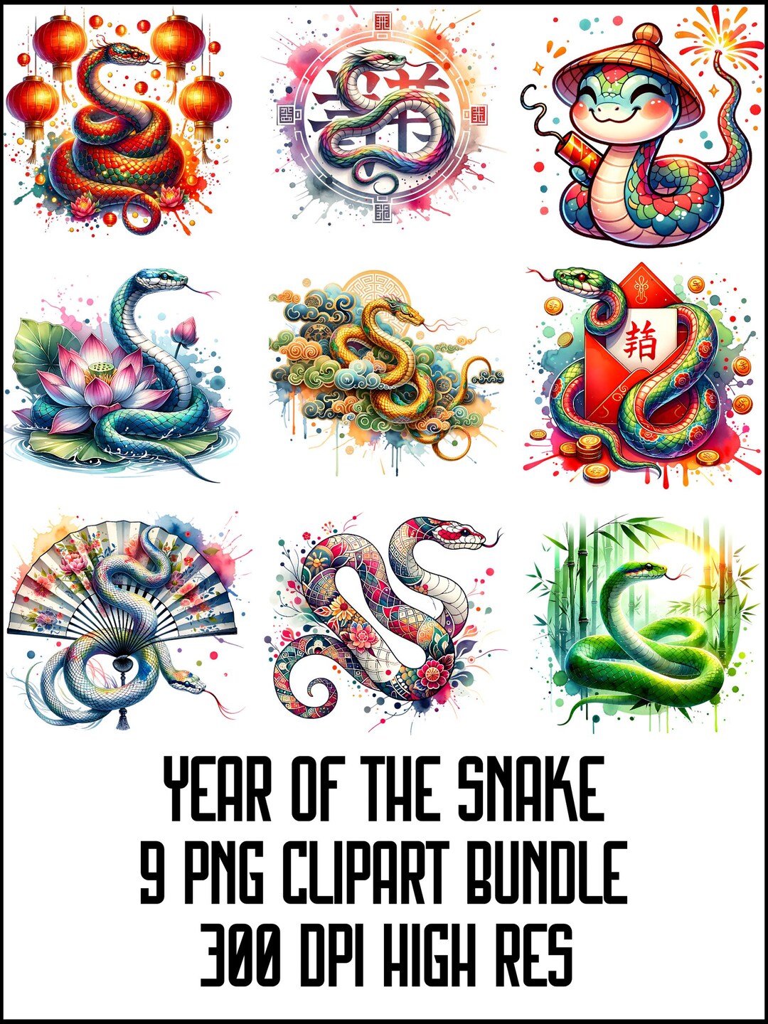 Year of the Snake Clipart Bundle, 9 High Resolution Pngs, 300dpi ...